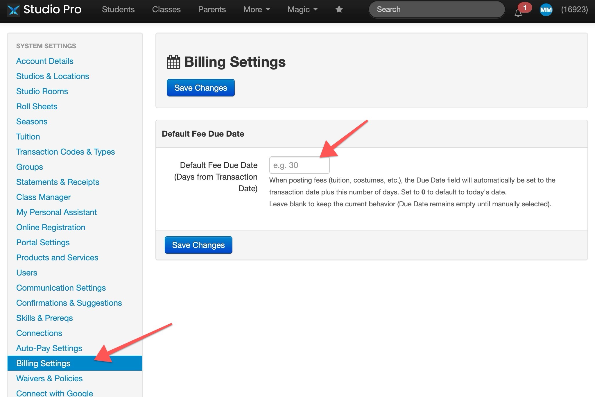 Set a Default Fee Due Date in Billing Settings – Studio Pro
